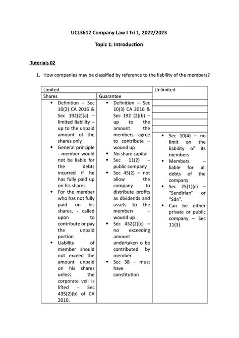 Company Law Tutorial 2 Ucl3612 Company Law I Tri 1 2022 Topic 1 Introduction Tutorials 02