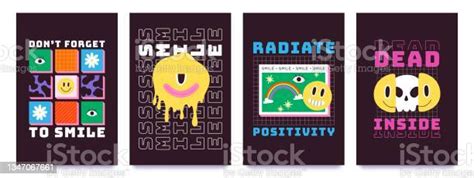 환각 의 웃는 얼굴 그래피티 아트와 티셔츠 디자인 두개골 무지개와 슬로건이모티콘을 녹입니다 멋진 70 년대 그루비 프린트 벡터 세트 사람 같은 웃는 얼굴에 대한 스톡 벡터