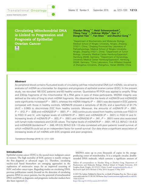 Pdf Circulating Mitochondrial Dna Is Linked To Progression And