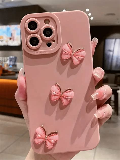 1pc Pink Cute Glossy Butterfly Camera Protected Phone Case Compatible With Iphone 16 11 12 13 14