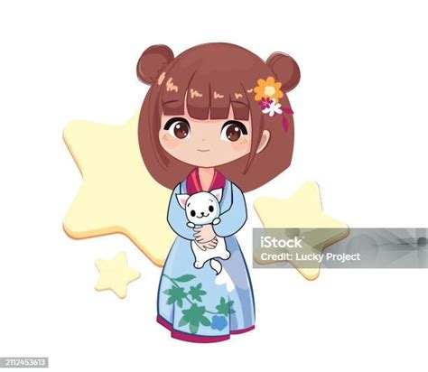 흰색 배경에 고양이와 함께 애니메이션 스타일의 귀여운 만화 어린 소녀 벡터 일러스트 레이 션 디자인 인쇄 티셔츠 T 셔츠에 대한 스톡 벡터 아트 및 기타 이미지 Istock