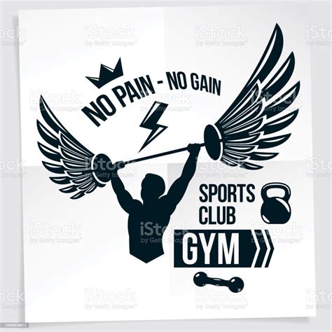 체육관 광고 전단지 바 벨 스포츠 장비를 들고 근육 보디의 벡터 일러스트 레이 션을 사용 하 여 만든 고통 없음 아무 이득 견적입니다 Championship에 대한 스톡