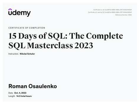 completed sql masterclass with udemy roman osaulenko posted on the topic linkedin