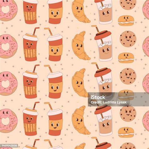 복고풍 그루비 매끄러운 패턴 밝은 노란색 배경에 종이컵 도넛 크로와상 쿠키에 담긴 만화 캐릭터 벽지 디자인 섬유 포장 장식에 대
