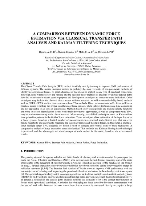Pdf A Comparison Between Dynamic Force Estimation Via Classical Path Analysis And Kalman