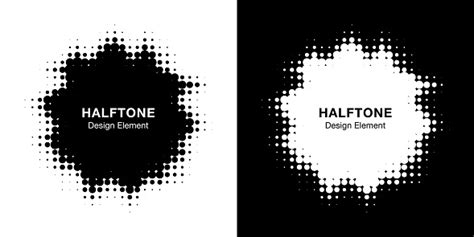 하프톤 블랏 프레임 세트 추상 도트 로고 엠 블 럼 디자인 요소입니다 반 톤 얼룩 아이콘입니다 그런 지 테두리 하프톤 원 도트 래스터 텍스처를 사용 합니다 벡터 컬렉션 물감