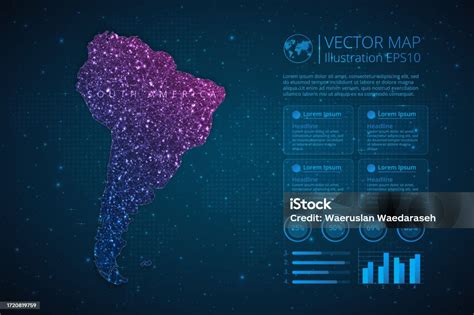 남아메리카 대륙 지도 인포그래픽 템플릿은 다이어그램 그래프 프리젠테이션 및 파란색 배경에 추상적인 기하학적 메쉬 다각형 조명 개념이 있는 차트입니다 금융에 대한 스톡 벡터