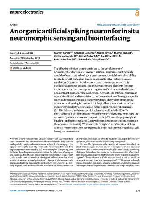An Organic Artificial Spiking Neuron For In Situ Neuromorphic Sensing And Biointerfacing Pdf