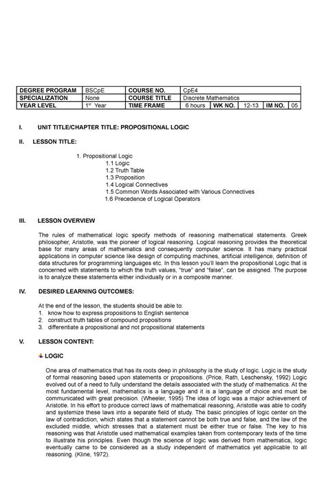 Instructional Module 5 Propositional Logic Degree Program Bscpe