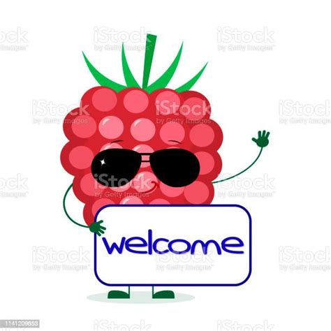 귀여운 라즈베리 캐릭터가 선글라스를 착용 하 여 간판을 환영 합니다 로고 템플릿 디자인입니다 벡터 일러스트 레이 션 플랫 스타일 가격표에 대한 스톡 벡터 아트 및 기타