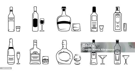 낙서 스타일의 다양한 알코올 음료와 안경 세트 맥주 코냑 진 주류 마티니 위스키 럼 주 및 기타 것들의 윤곽스타일 위스키 잔에