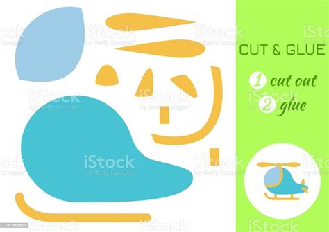 잘라 접착제 종이 만화 청록색 헬리콥터 공예 활동 페이지를 잘라 내고 붙여 넣습니다 유치원 어린이를위한 교육 게임 Diy 워크 시트 아이 로직 게임 활동 퍼즐 벡터 스톡