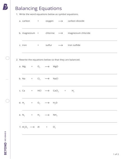 Balancing Equations Worksheet