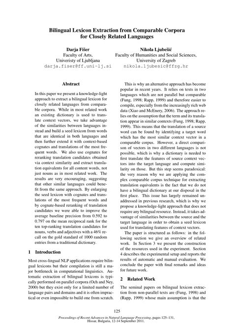 Pdf Bilingual Lexicon Extraction From Comparable Corpora For Closely Related Languages