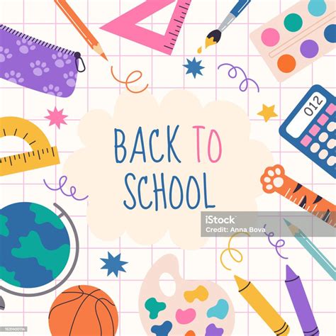 학교 배너 템플릿으로 돌아갑니다 플랫 만화 손 그리기 그림입니다 학용품이 있는 벡터 디자인 소셜 미디어 웹 광고 인쇄물 전단지 카드에 적합합니다 디자인에 대한 스톡 벡터