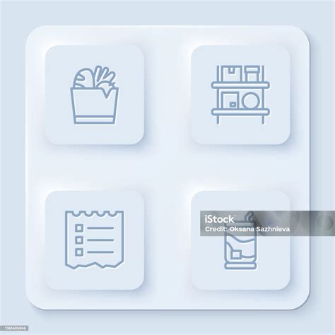 세트 라인 쇼핑 백과 음식 상자 목록 및 소다 캔창고 인테리어 흰색 정사각형 버튼 벡터 배달에 대한 스톡 벡터 아트 및 기타
