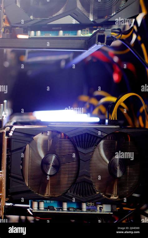 Close Up Details Of Modern Mining Rig With Gpu Graphics Cards Used For Creating Bitcoin Digital