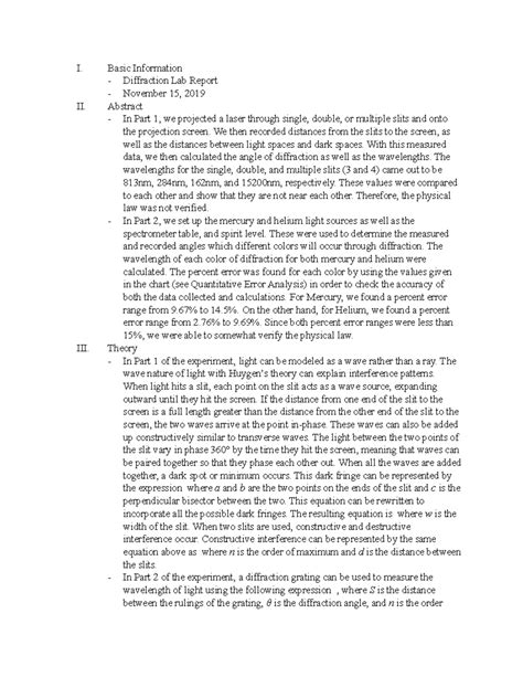 Diffraction Lab Report I Basic Information Diffraction Lab Report