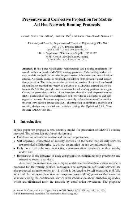 Pdf Preventive And Corrective Protection For Mobile Ad Hoc Network Routing Protocols