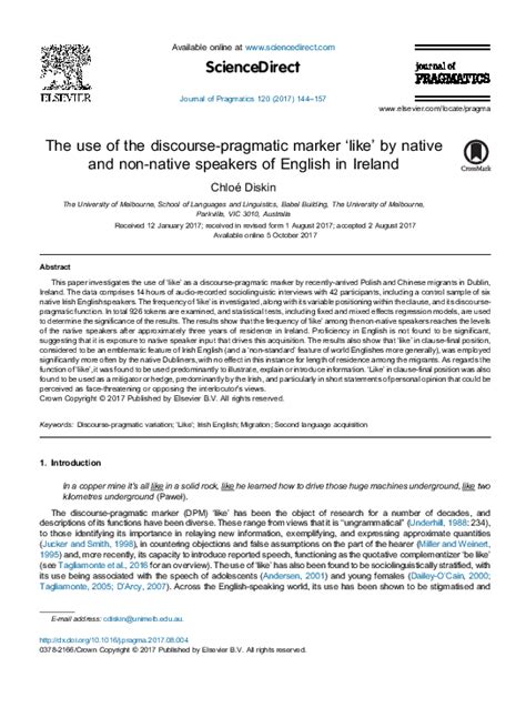 Pdf The Use Of The Discourse Pragmatic Marker ‘like By Native And Non Native Speakers Of