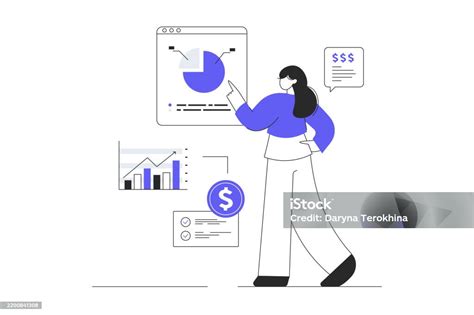 가상 금융 데이터 사이언스 통계의 연구를하고 웹 페이지에서 데이터를 분석하는 여성 플랫 만화 벡터 일러스트 레이 션 아이콘 웹사이트를 위한 스타일리시한 추상 플랫 디자인