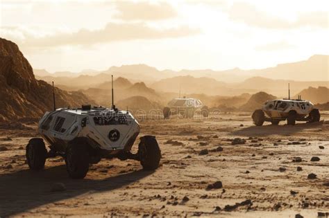 Robotic Exploration Vehicles Navigating A Barren Landscape During Sunset On Another Planet Stock
