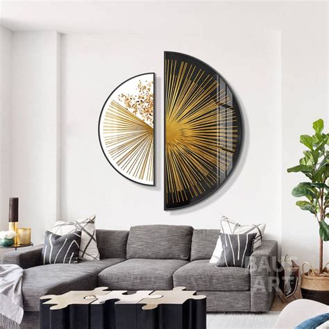 Set Of 2 Round Wall Art Gold Line Asymmetric Round Print On Canvas