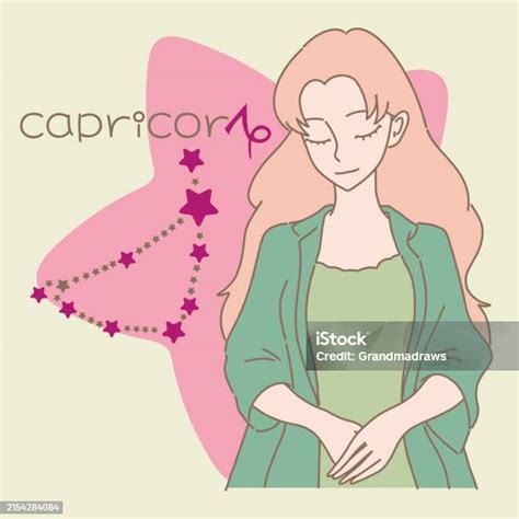 긴 머리를 가진 여자가 손을 잡고 있다 염소자리 조디악 점성술 기호 별자리 단어 및 별 손으로 그린 평면 만화 캐릭터 벡터 일러스트 긍정적인 감정 표현에 대한 스톡 벡터