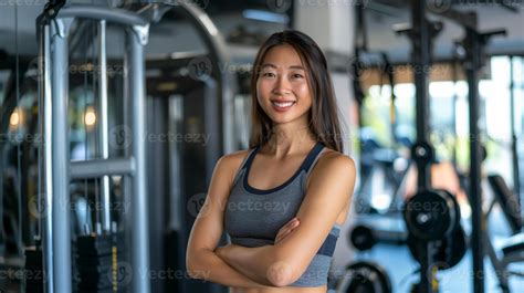 Young East Asian Female Fitness Trainer In Modern Gym Promoting Health