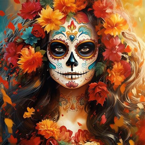 Premium Ai Image 1970 Poster Skeleton Girl With Flowers On Her Head