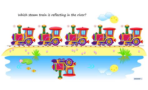어린이와 성인을 위한 논리 퍼즐 게임 어떤 증기 기관차가 강에 반사되고 있습니까 수수께끼 책 페이지입니다 아이들의 공간적 사고를