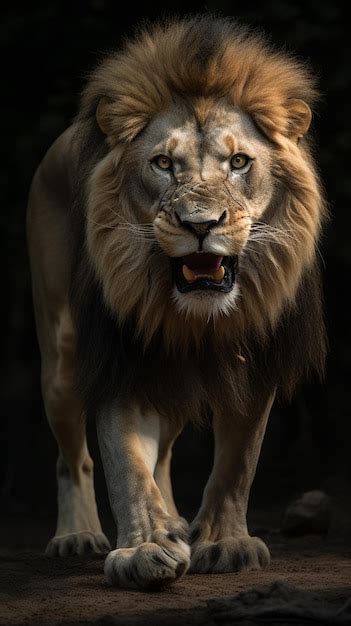 Un León Caminando Sobre Un Fondo Oscuro Foto Premium
