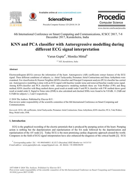 Pdf Knn And Pca Classifier With Autoregressive Modelling During Different Ecg Signal