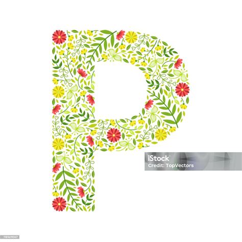 대문자 P 녹색 꽃 알파벳 요소 나뭇잎과 꽃 패턴 벡터 일러스트로 만든 글꼴 대문자 문자 0명에 대한 스톡 벡터 아트 및 기타 이미지 Istock