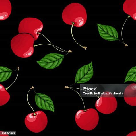 매끄러운 패턴 레드 체리 와 검은 색 윤곽 여름의 상징 디자인 휴일 인사말 카드 및 계절 여름 휴가 해변 파티 관광 및 여행의 초대 0명에 대한 스톡 벡터 아트 및 기타