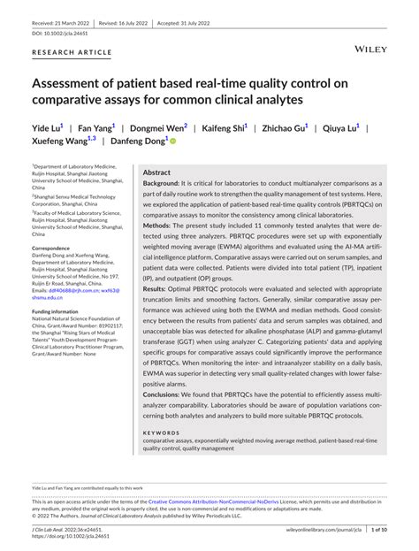 Pdf Assessment Of Patient Based Real‐time Quality Control On Comparative Assays For Common