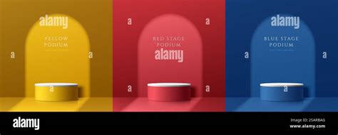 Set Of Abstract 3d Room With Yellow Dark Blue And Red Realistic Cylinder Pedestal Podium
