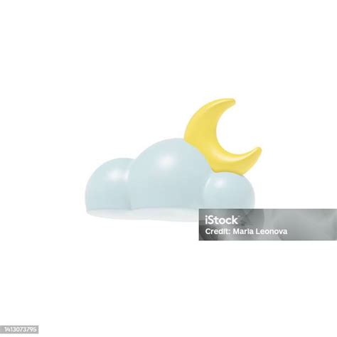 노란색 초승달을 가진 벡터 3d 현실적인 단단한 파란색 구름 일기 예보를 위해 밤에 낮은 흐림과 달이있는 아이콘의 렌더링 0명에 대한 스톡 벡터 아트 및 기타 이미지