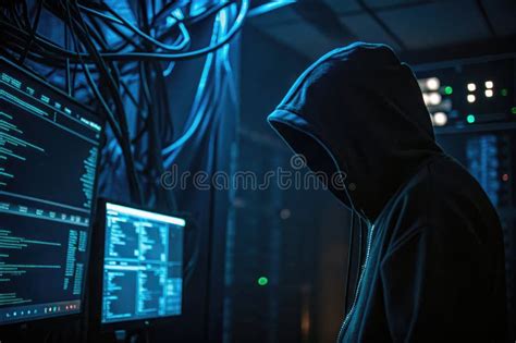 Individual In Hoodie Working On Multiple Computer Screens In A Dimly