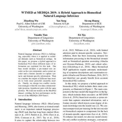 Wtmed At Mediqa 2019 A Hybrid Approach To Biomedical Natural Language Inference Acl Anthology