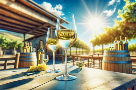 Two Glasses Of White Wine On A Table Within A Winery Setting Stock