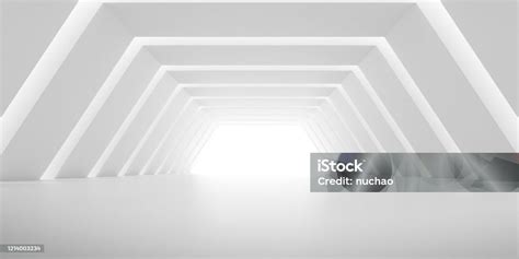 벽에 빛이 그림자를 캐스팅 흰색 콘크리트 터널의 추상 기하학적 구조 잔인한 건축의 관점 박물관 공간 디자인 3d 렌더링 0명에