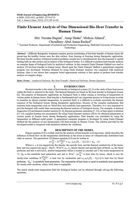 Pdf Finite Element Analysis Of One Dimensional Bio Heat Transfer In