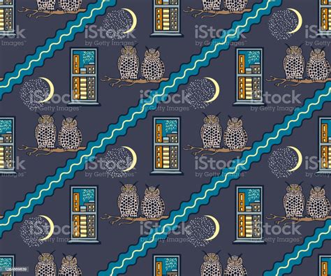 풍경과 올빼미와 벡터 평면 창 손으로 그린 잉크 그림 현대 장식 장식 배경 벡터 패턴입니다 직물 천 벽지 스크랩북인쇄 0명에 대한 스톡 벡터 아트 및 기타 이미지 Istock