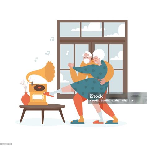 노부부는 집에서 춤을 춘다 큰 창문이 있는 고립된 거실 인테리어 음악에 맞춰 춤을 추는 만화 노인 여성 남자 캐릭터 나이 든 댄서 플랫 손으로 그린 벡터 그림입니다 디스코