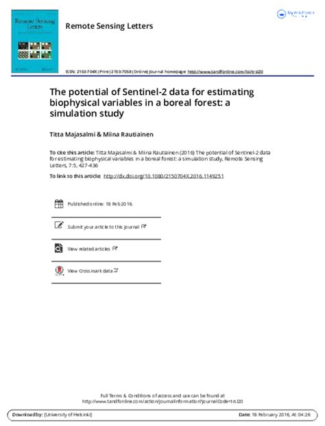 Pdf Remote Sensing Letters The Potential Of Sentinel 2 Data For Estimating Biophysical