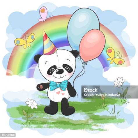 일러스트 엽서 무지개와 구름의 배경에 풍선 귀여운 팬더 옷과 어린이의 방에 인쇄 0명에 대한 스톡 벡터 아트 및 기타 이미지 0명 곰 귀여운 Istock