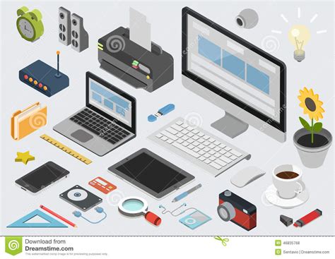 Flat 3d Isometric Technology Workspace Infographic Icon Set Stock