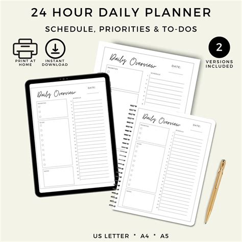 Printable Day Planner With Hours Diary Schedule Insert To Do List Daily Journal Agenda