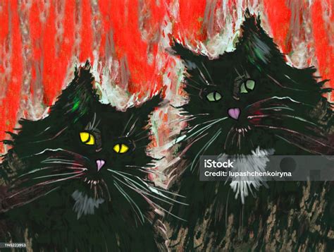 세련 된 일러스트 현대 아트 워크 인상파 내 원래 회화 구 아 슈 아크릴 가로 초상화 연인 Coupleblack 국산 고양이 녹색 눈 애완고양이에 대한 스톡 벡터 아트 및